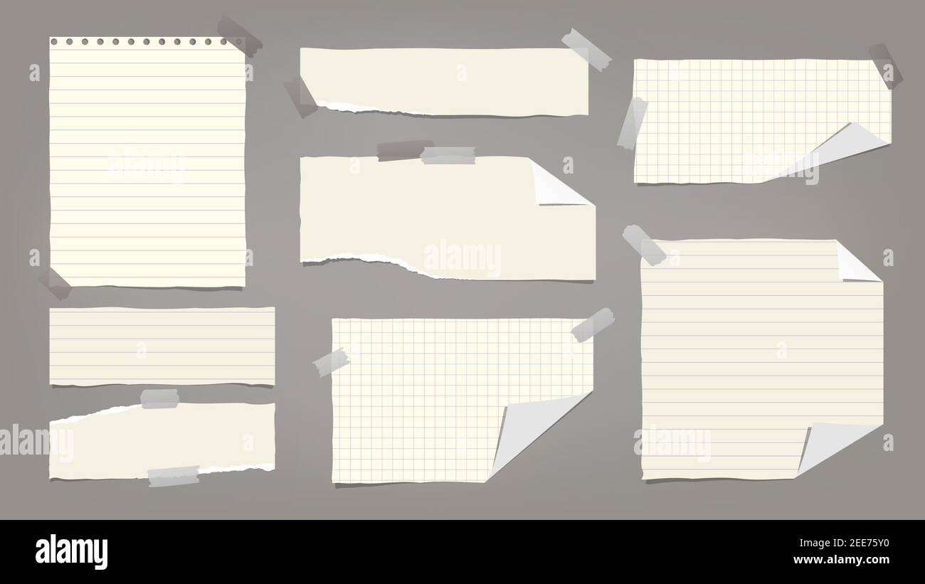 Set of torn yellow note, notebook paper pieces with folded corners ...