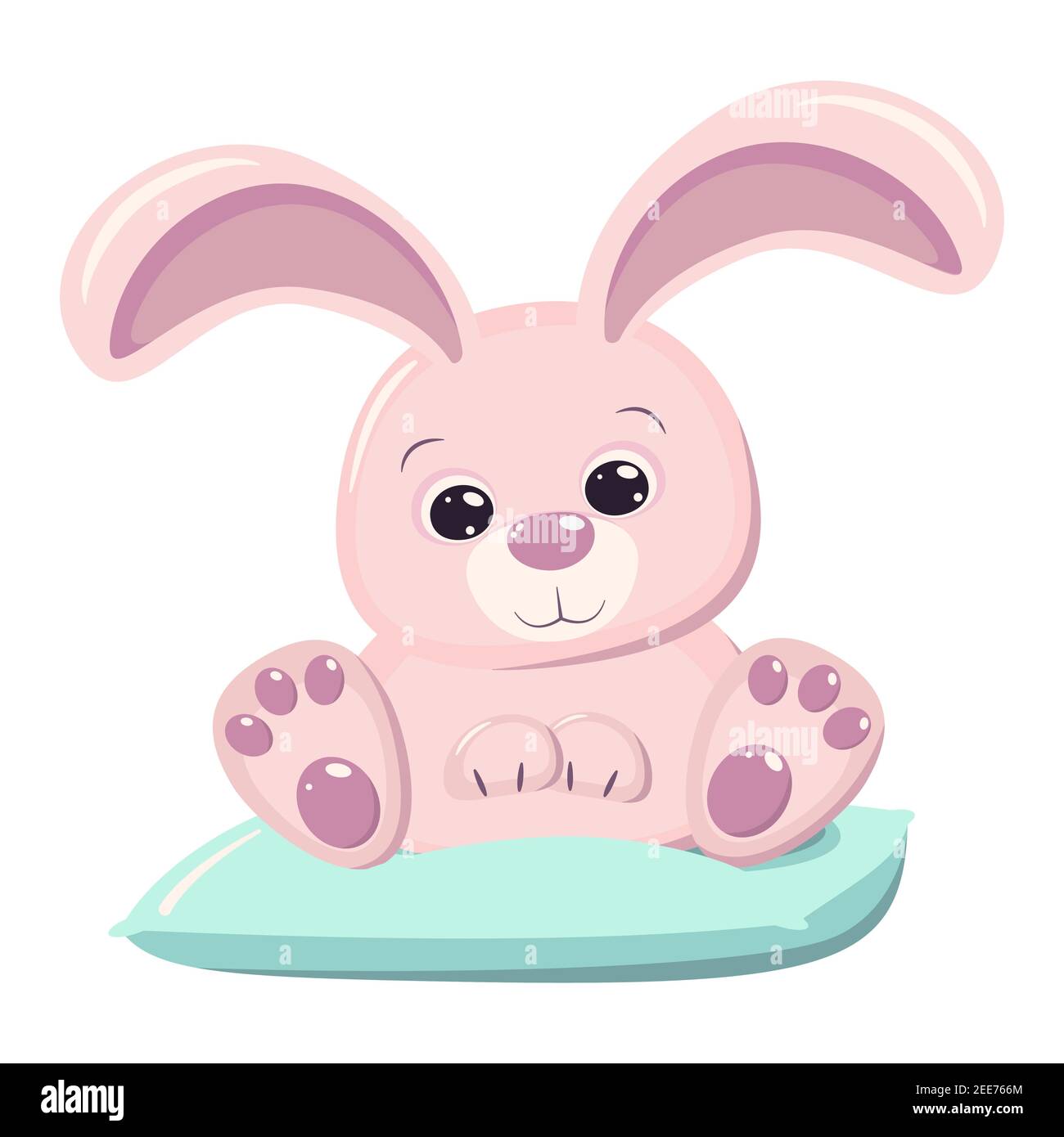 Happy Easter cute pink bunny rabbit on the blue pillow. A greeting card ...