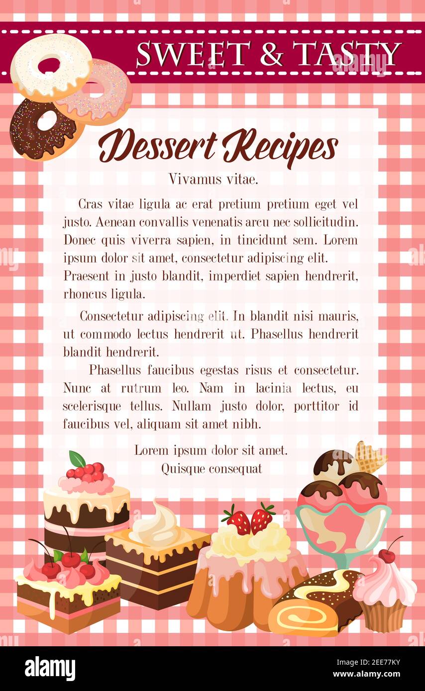 Cake and pastries recipe poster template. Chocolate cake, cupcake and ...