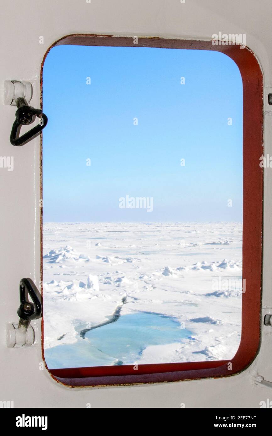 Arctic Ice Cap viewed from the cabin window of a polar expedition ship ...