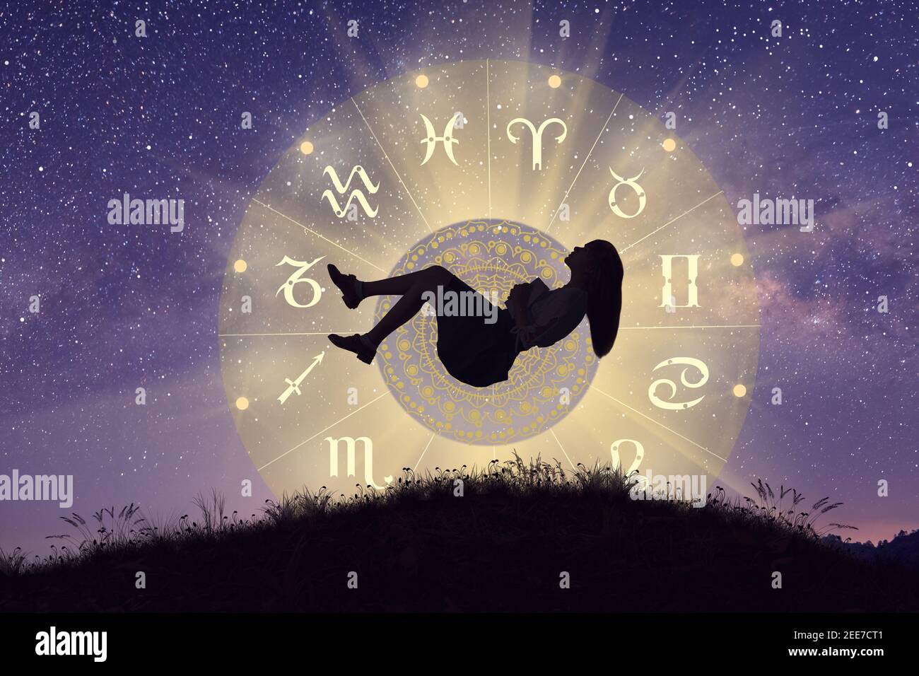 Astrological zodiac signs inside of horoscope circle. Woman lavitaing ...