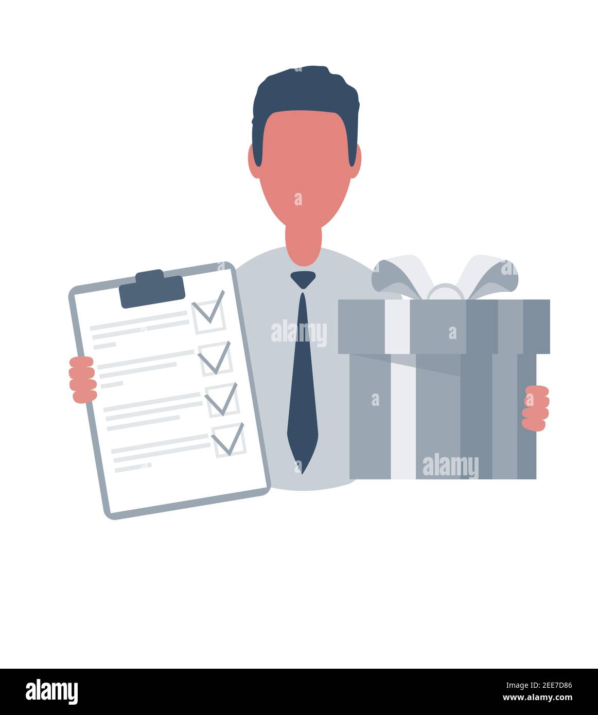 Businessman or clerk holding a questionnaire and a gift box. Male ...