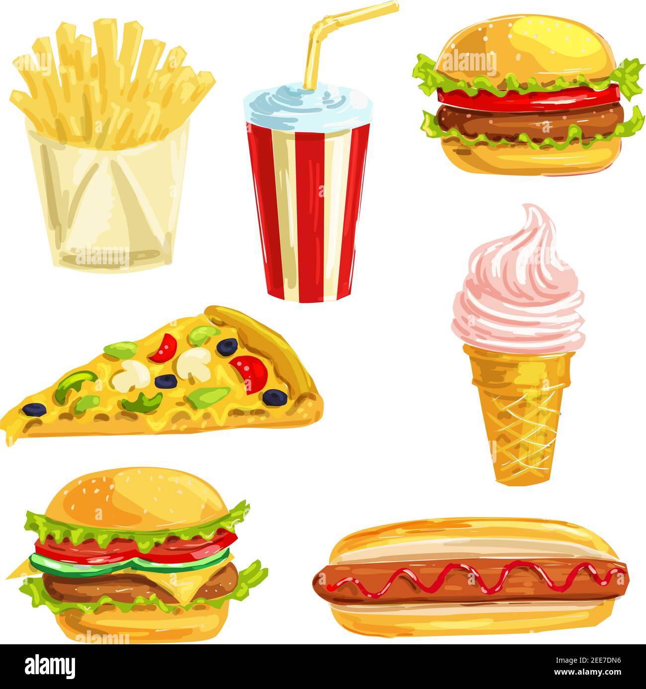 Fast food lunch meal with dessert hand drawn watercolor set. Hamburger ...