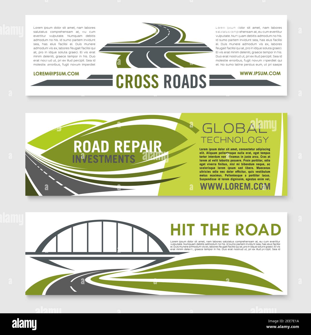 Road and highway banner template set. Curved road under railway bridge ...