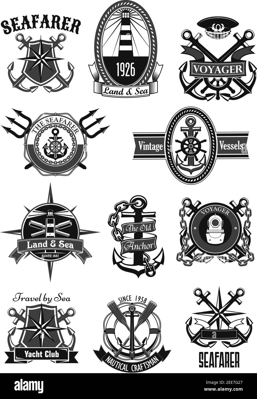 Marine and nautical heraldic icons set. Vector isolated symbols and ...