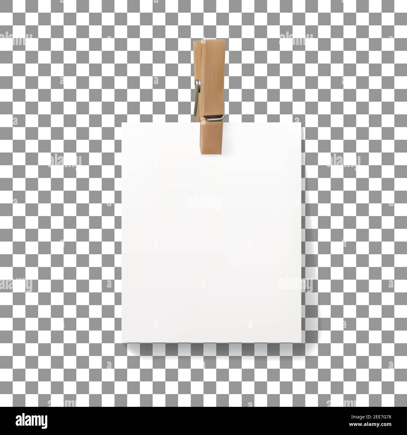 Vector realistic wooden clothespin peg with hanged piece of paper sheet ...