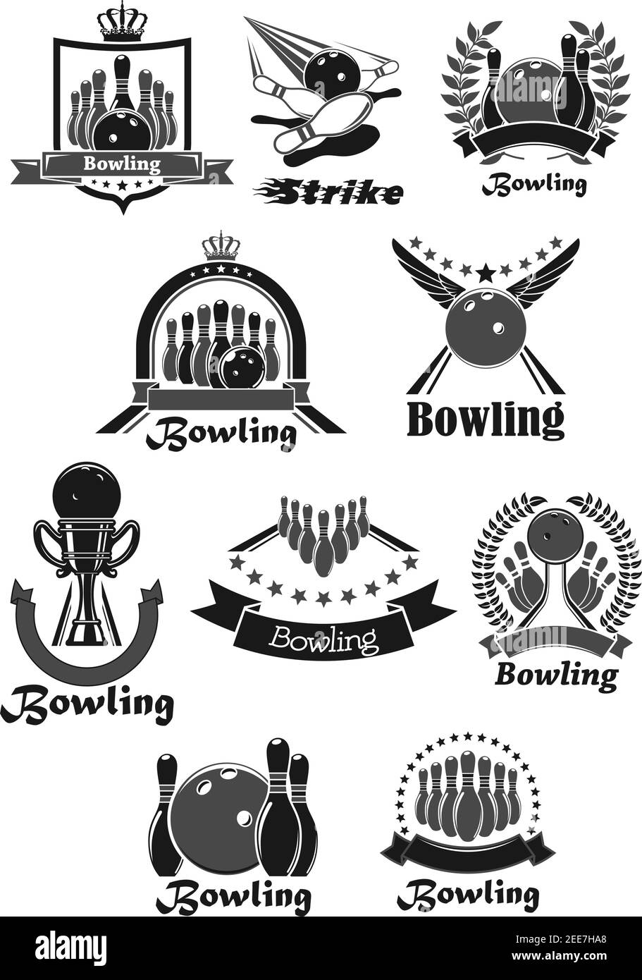Bowling club icons or game awards vector badges. Symbols of bowling ...