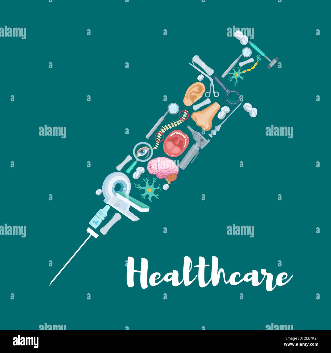 Syringe symbol created of medical and healthcare icons. Pills, medical ...