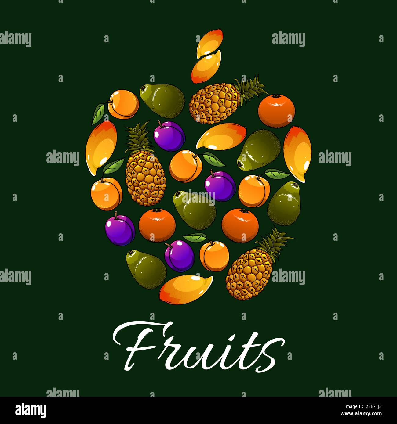 Apple fruit sign with orange, peach, pineapple, mango, plum, avocado ...