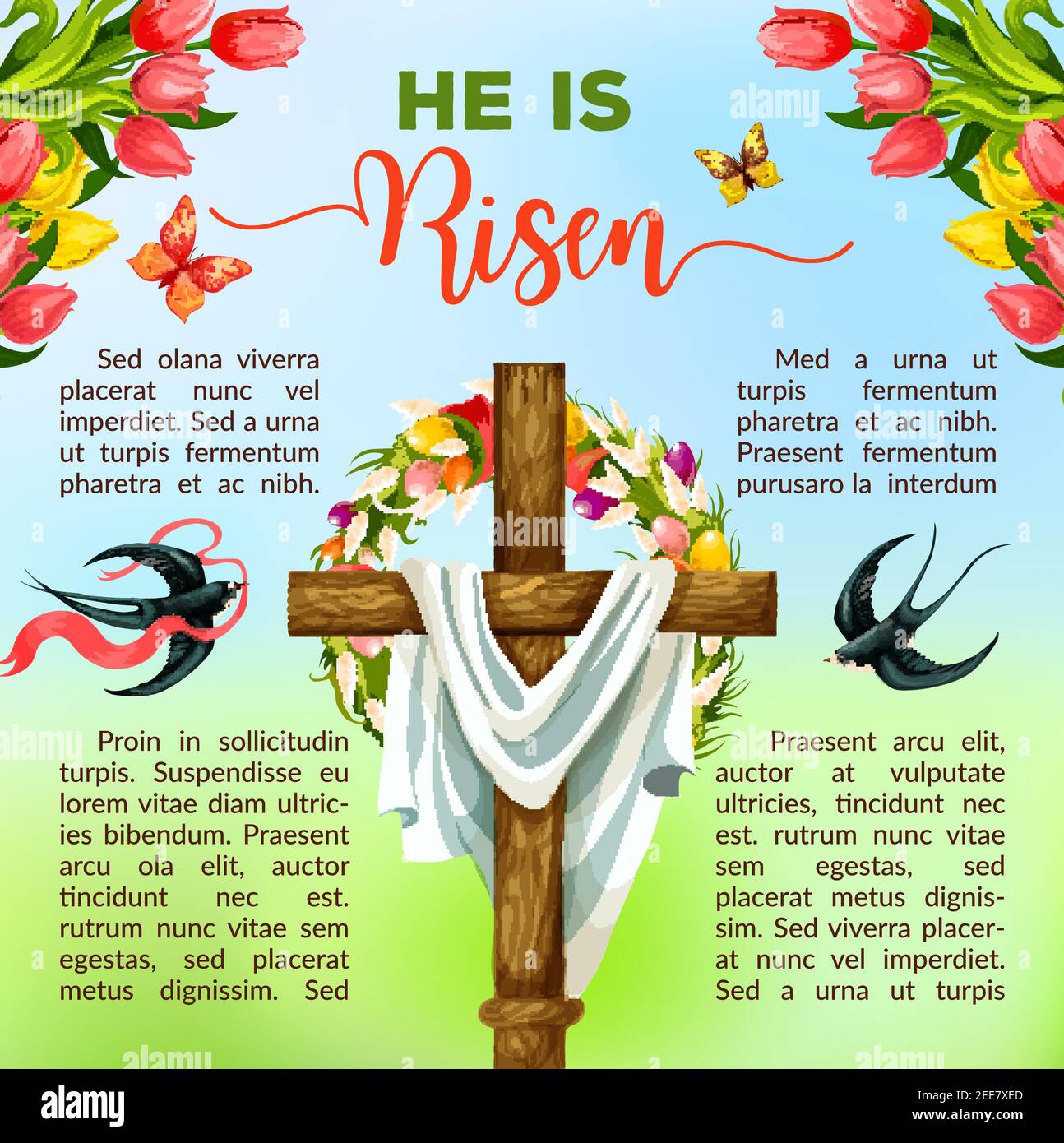 Easter cross with spring flowers festive poster template. Religious ...