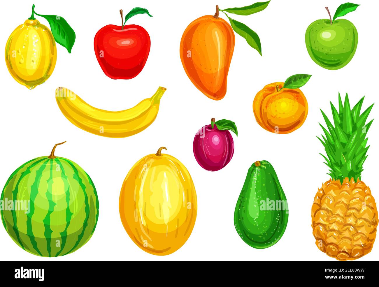 Fruit watercolor illustration set. Red and green apple, lemon, banana ...