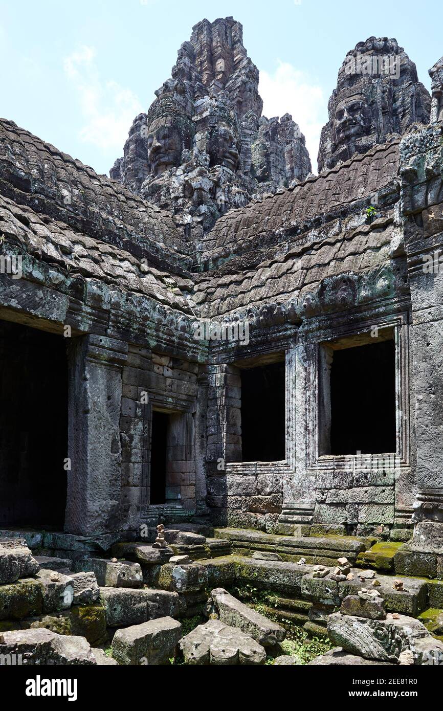 The Bayon Temple at the centre of Angkor Thom. Built by Jayavarman VII during the 12th century ...