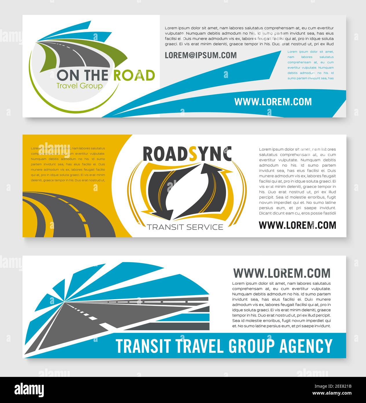 Road travel agency vector banners set for tourist or transport transit ...