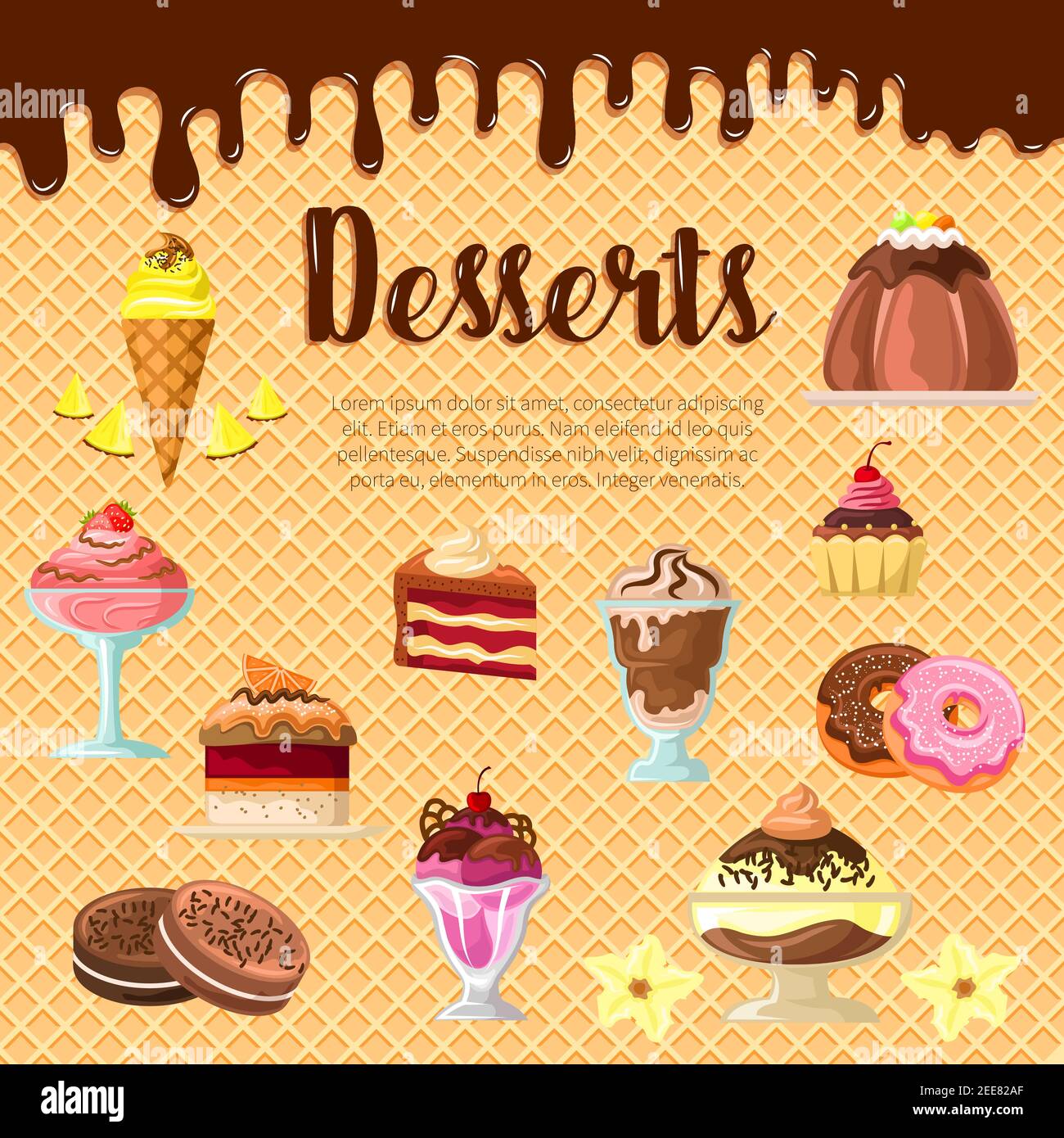 Desserts vector pastry cakes, donuts and brownie tortes with ice cream ...