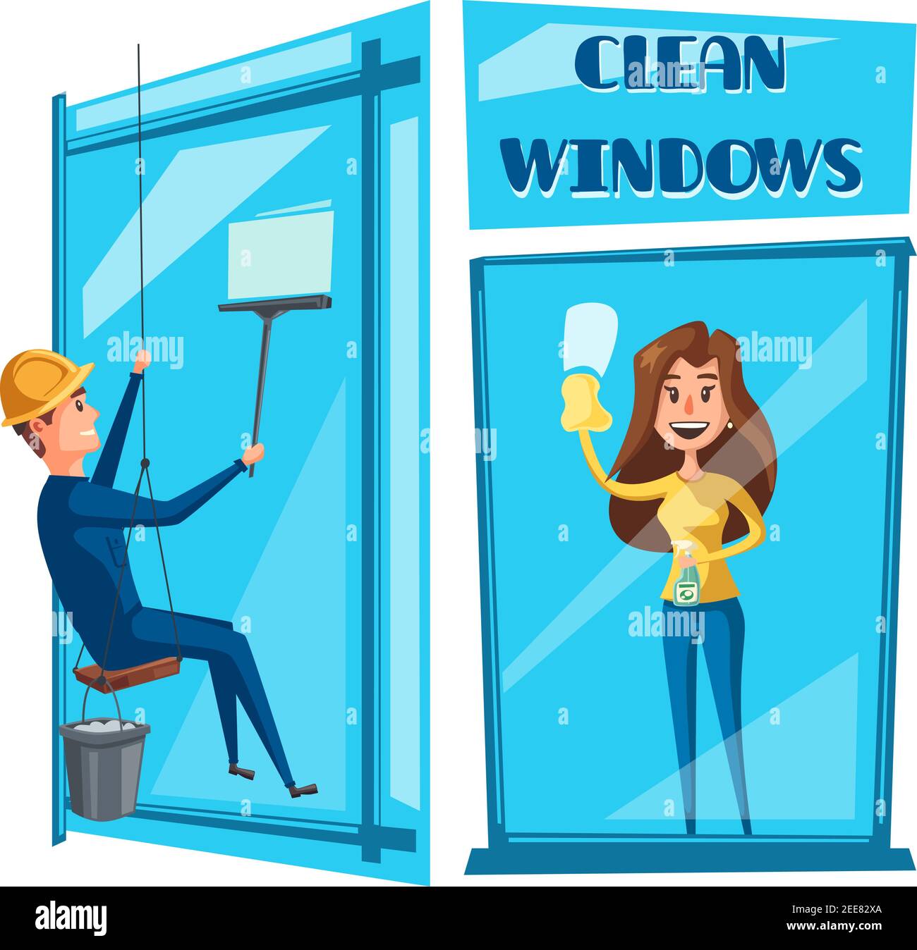 Window cleaning icon set. Window cleaner in uniform cleaning office ...