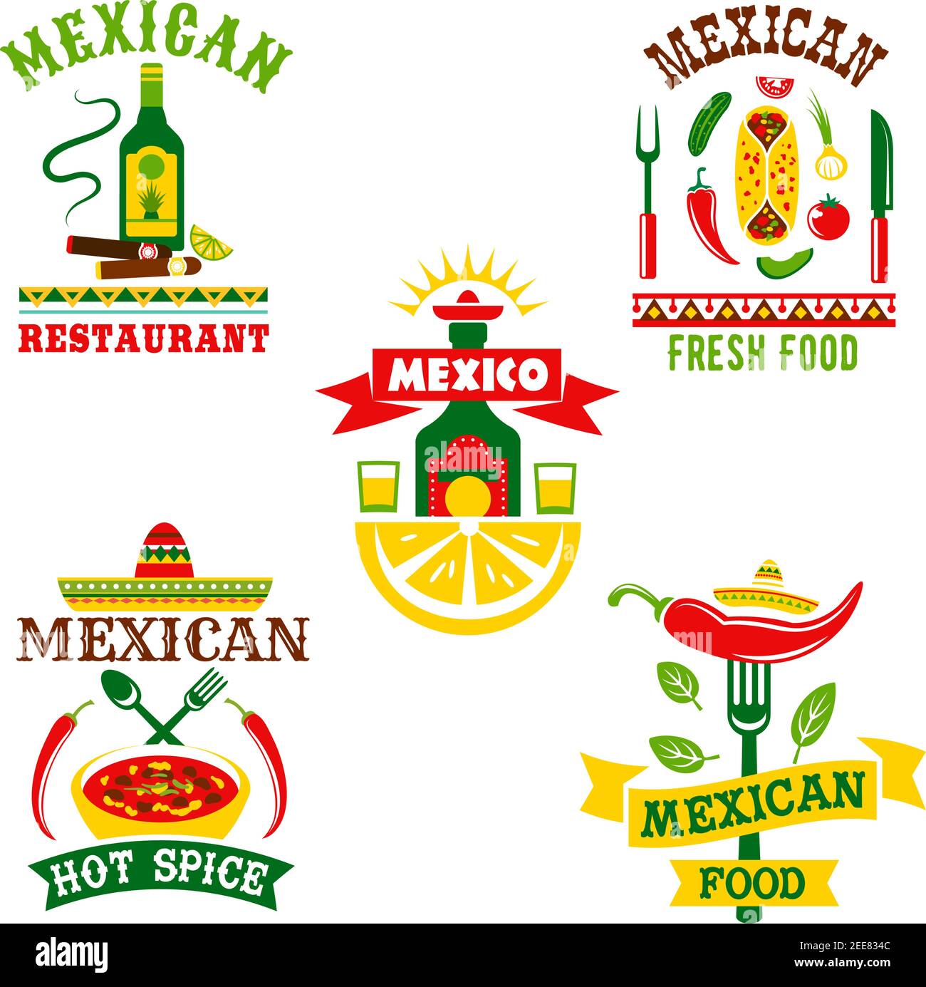 Mexican restaurant or food cafe vector icons. Symbols of spicy chili ...