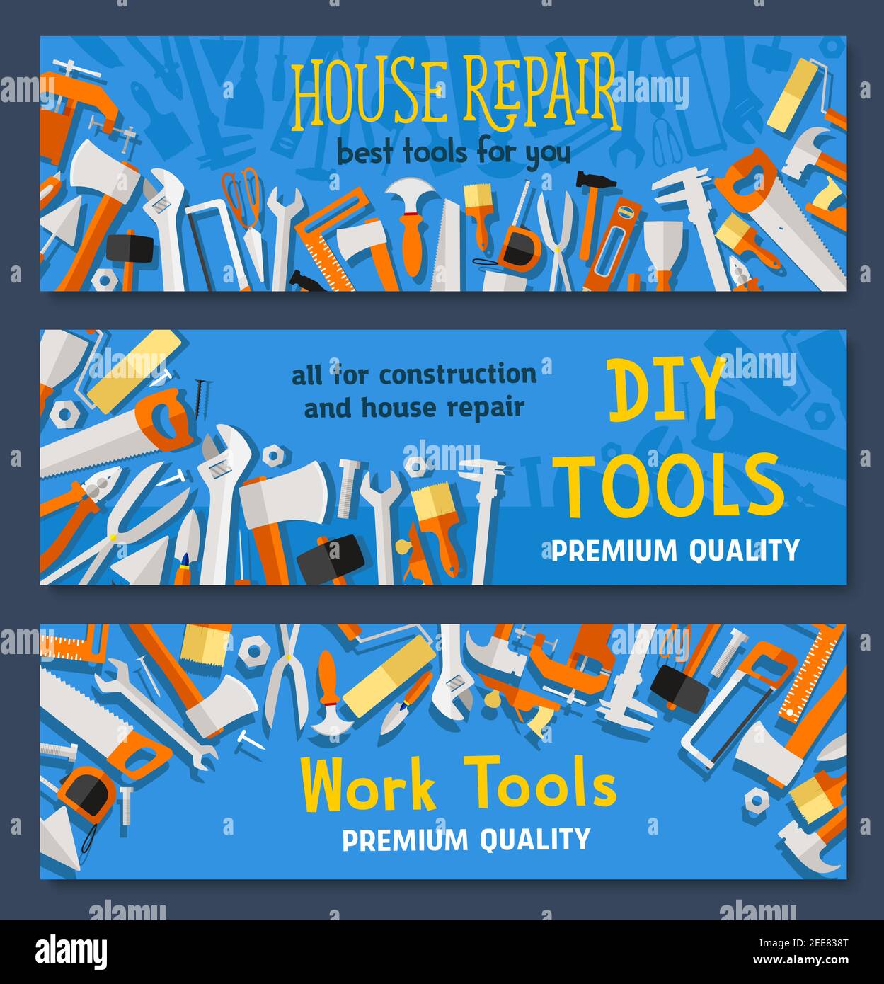 Work tools vector banners of carpentry instruments drill or hammer and ...