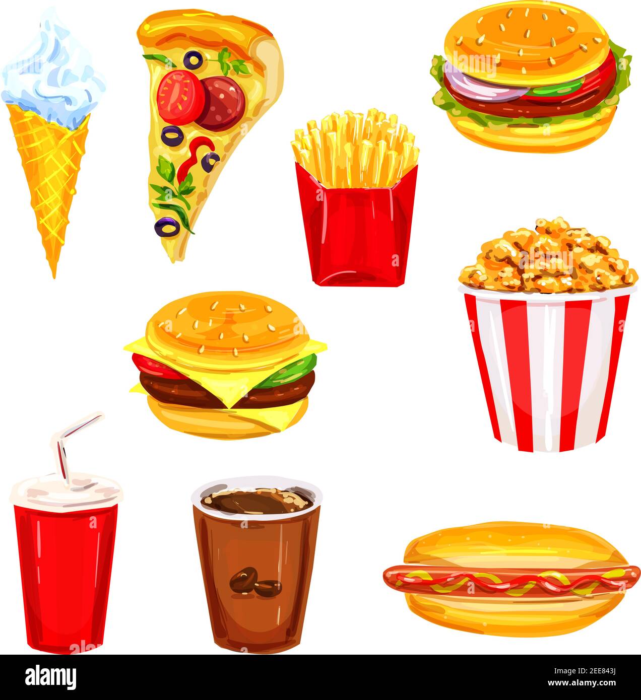 Fast food restaurant lunch watercolor set. Hamburger, burger, hot dog ...