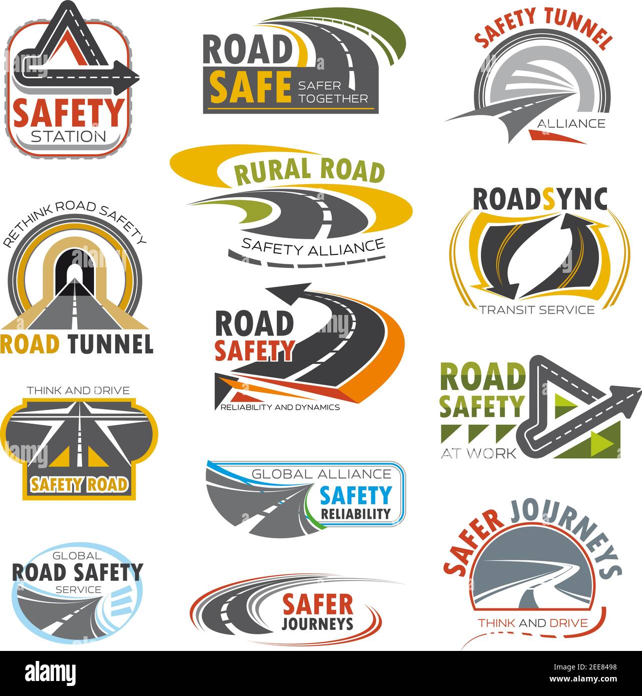 Road highway, traffic safety and transportation service icon set. Rural ...
