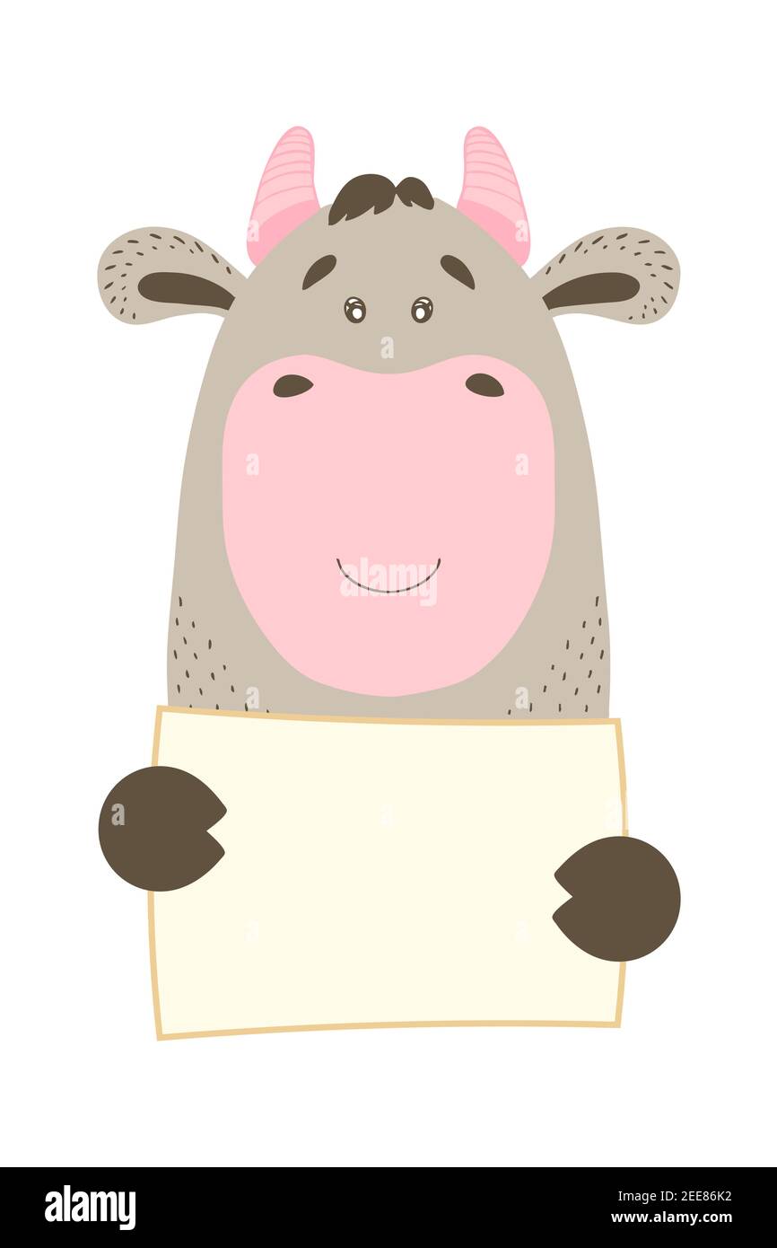 Cute cartoon animal cow bull ox holding tag sign with copy space. set ...