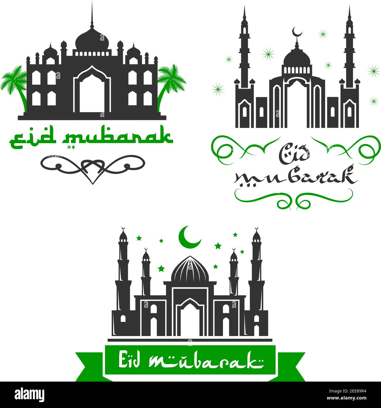 Eid Mubarak Muslim religious celebration greetings. Vector icons set of ...
