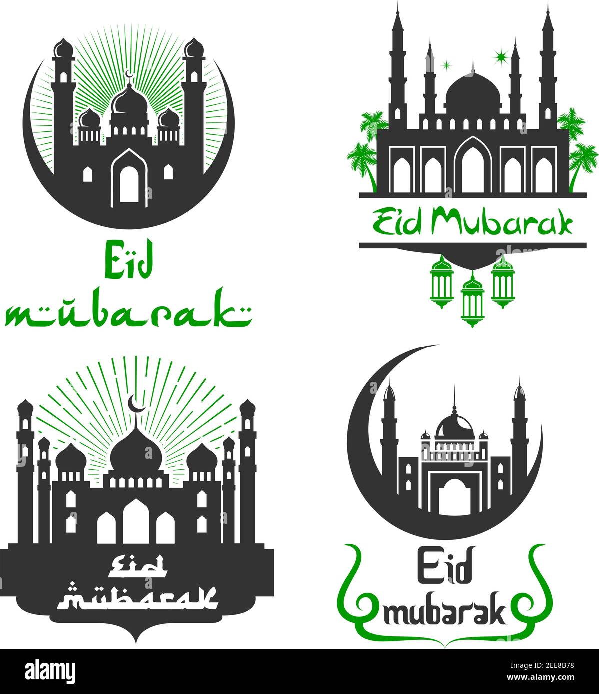 Eid Mubarak greetings for Arabic religious celebration. Vector icons ...