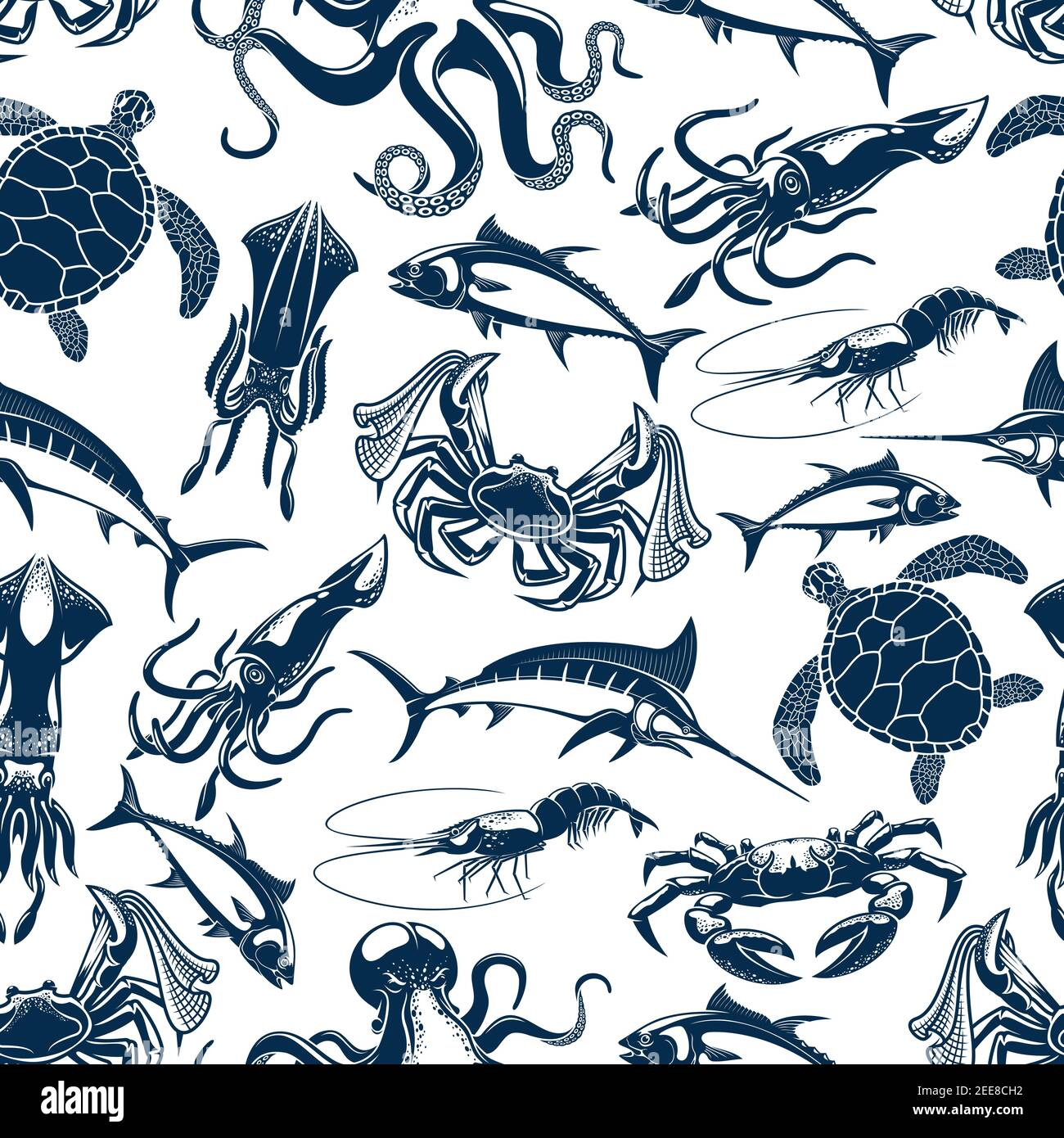 Fish catch seamless pattern. Vector sea or ocean fishing marlin or tuna ...
