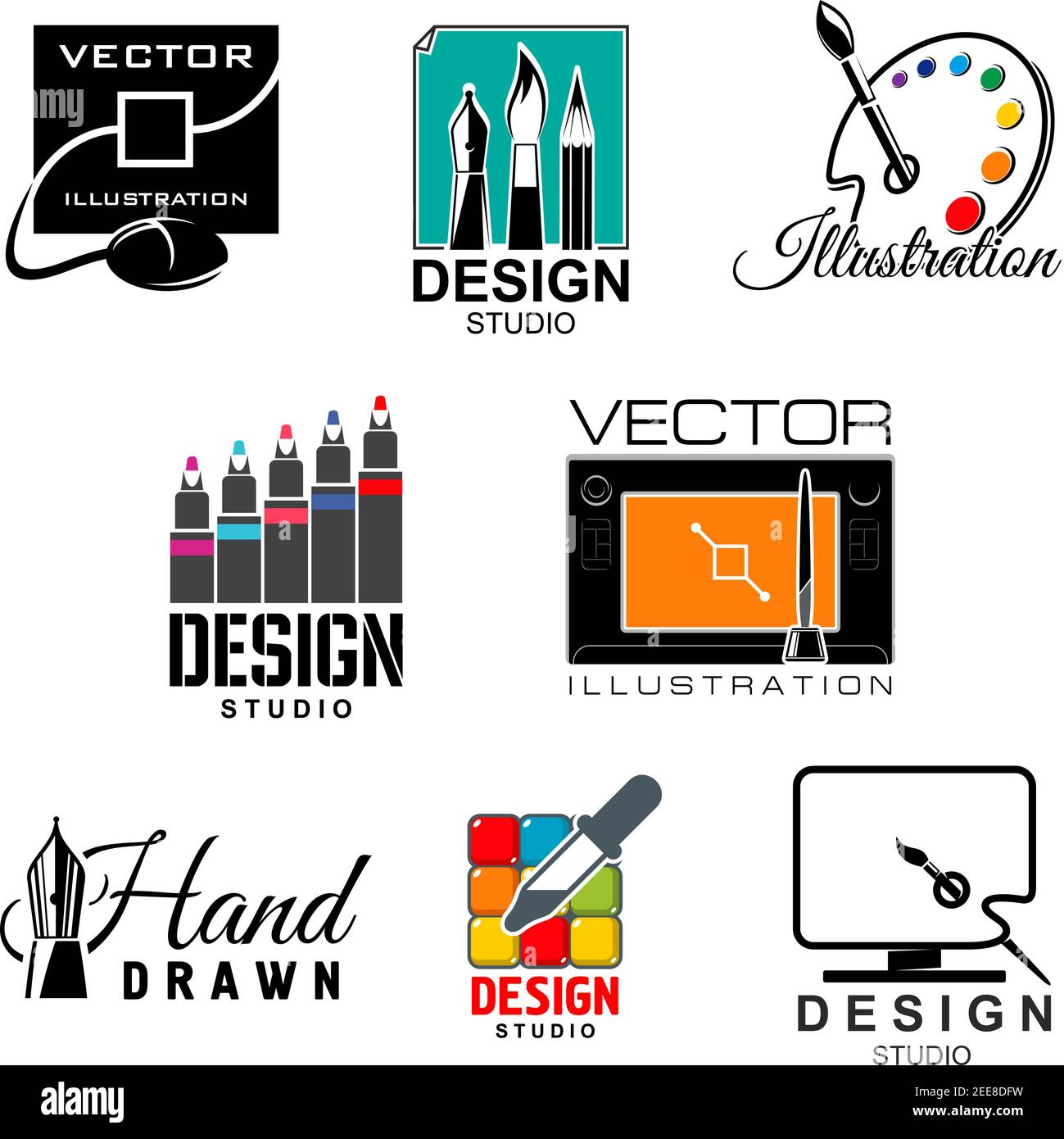 Graphic and web design studio symbol set. Graphic designer tool ...