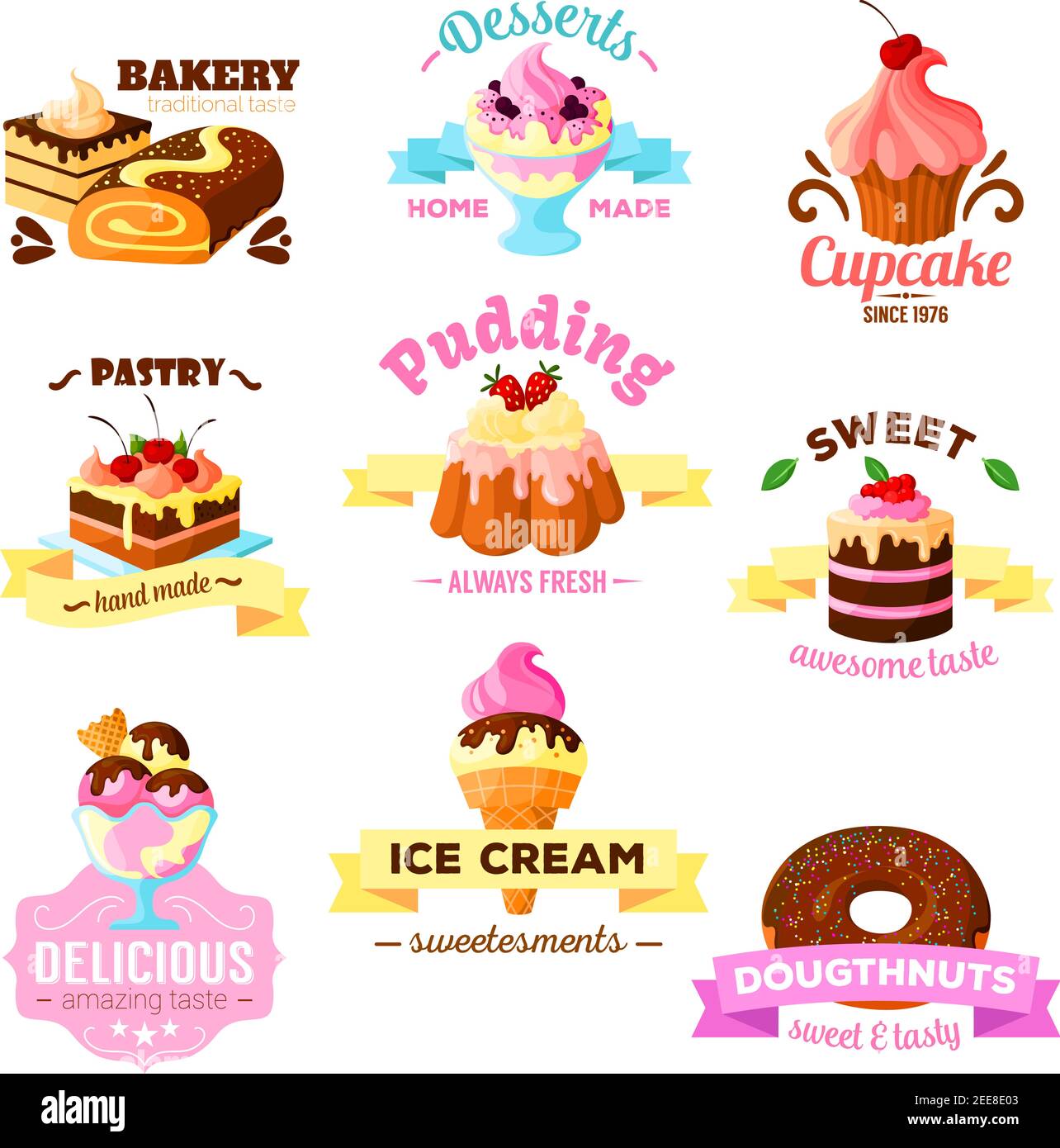 Desserts and pastry cakes icons for patisserie or sweet bakery and ...