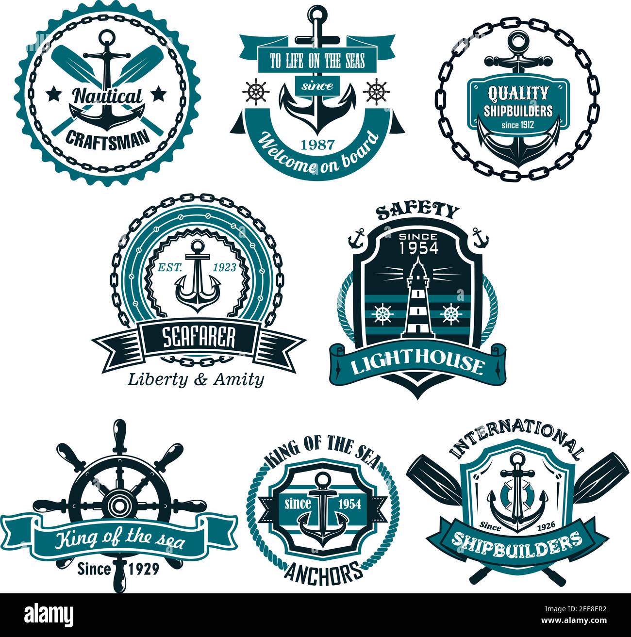 Nautical icons and symbols set. Vector isolated heraldic seafarer ship ...