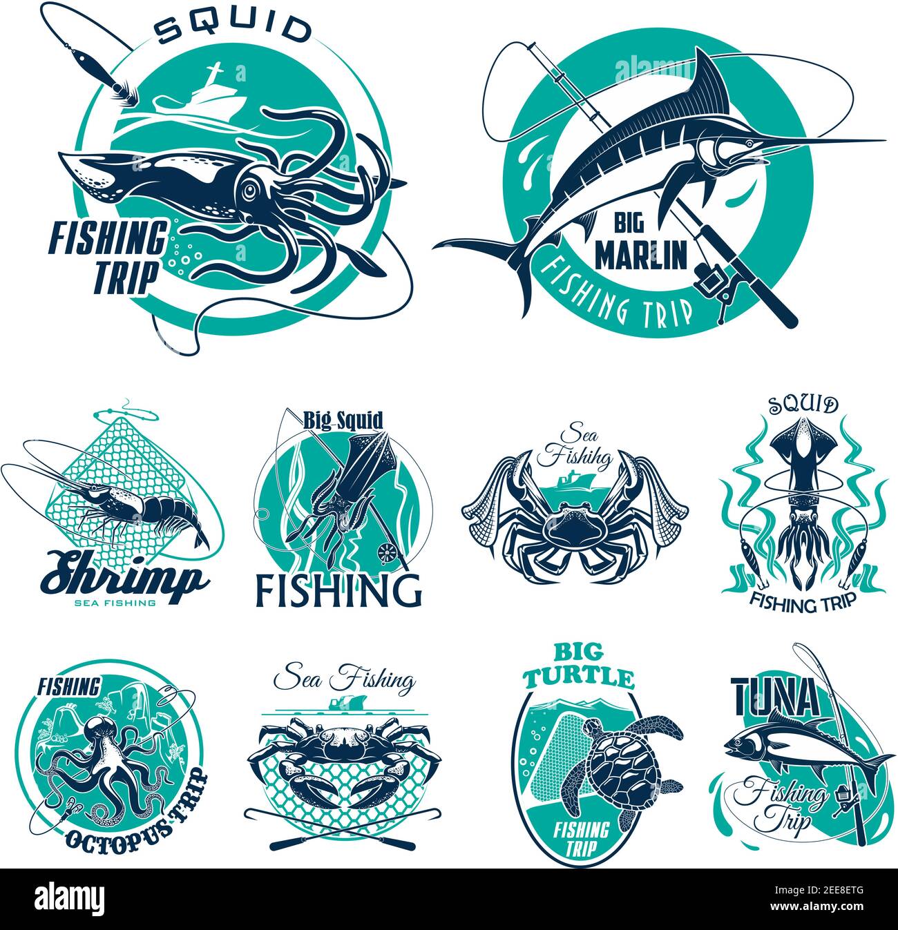 Fishing trip vector icons for fisherman adventure club. Isolated ...