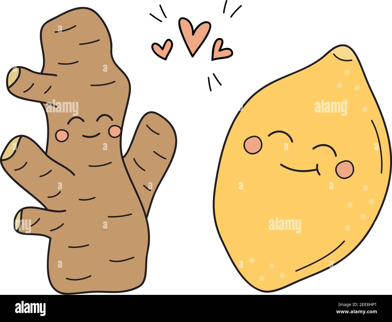 Ginger and lemon vector hand drawn illustration. Cute ginger root with ...