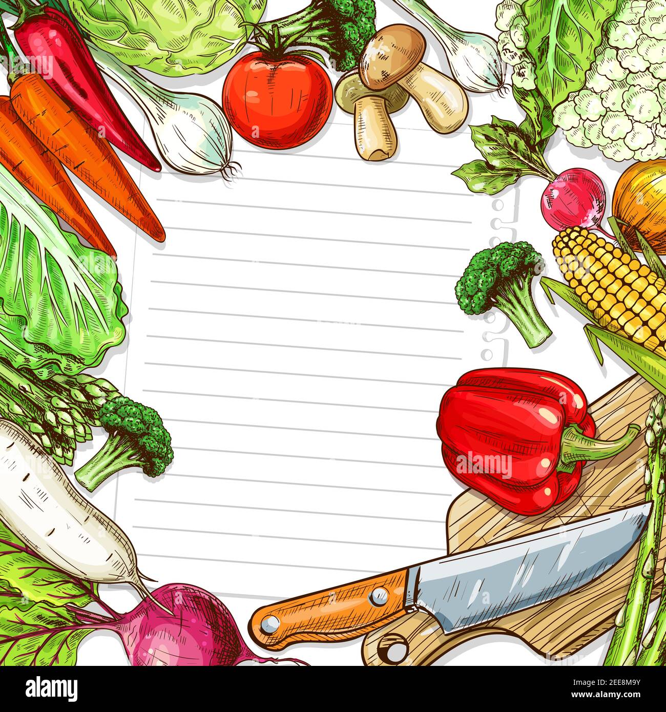 Recipe blank paper note with vegetables design for kitchen memo. Vector ...
