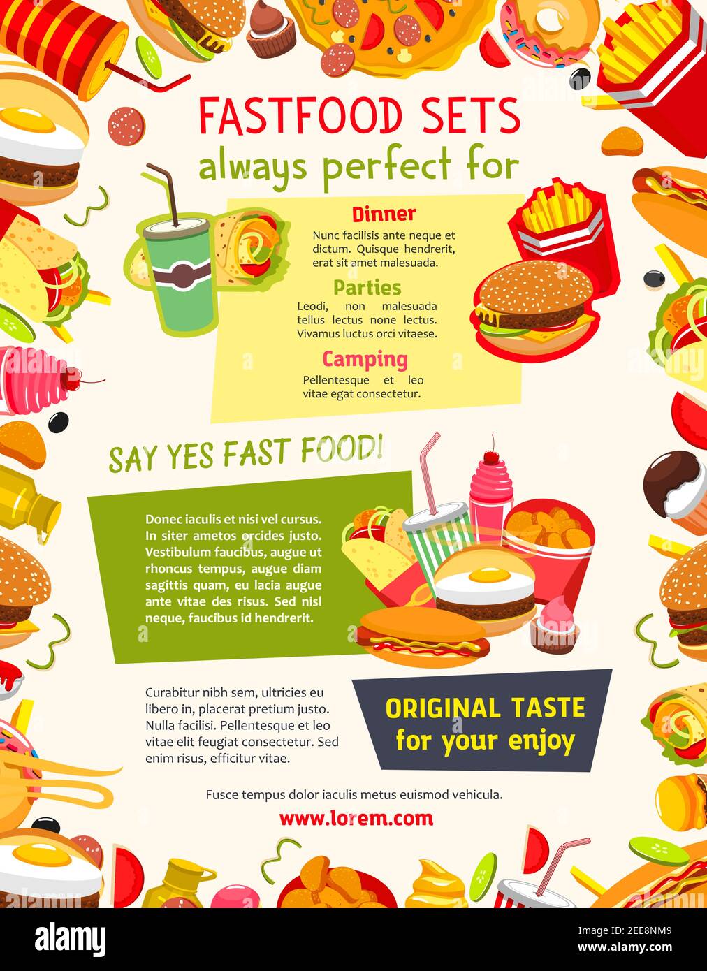 Fast food vector poster with meals and snacks. Hamburgers and ...