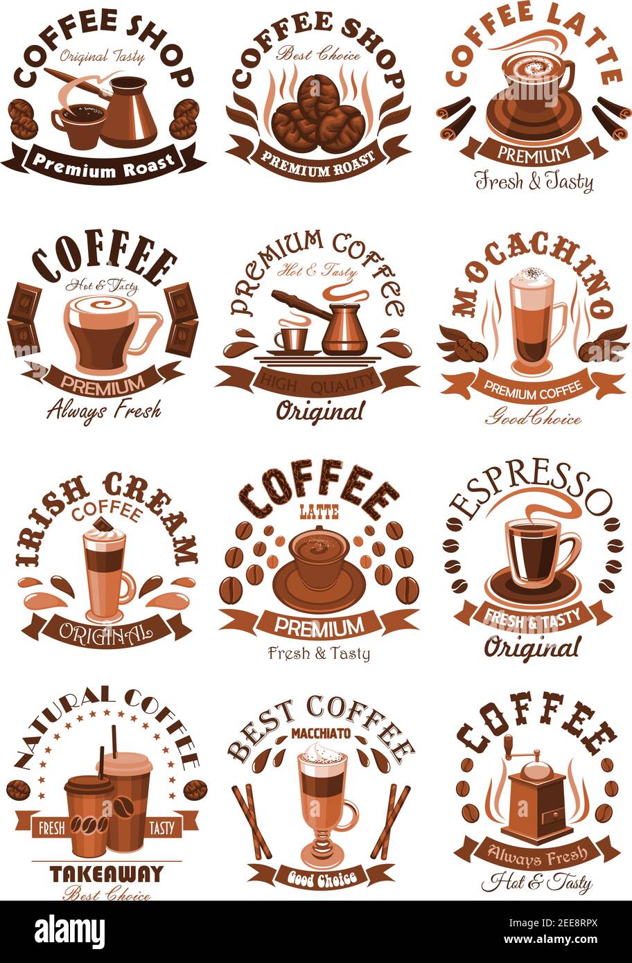 Coffeeshop vector icons of coffee cups and roasted beans. Isolated ...