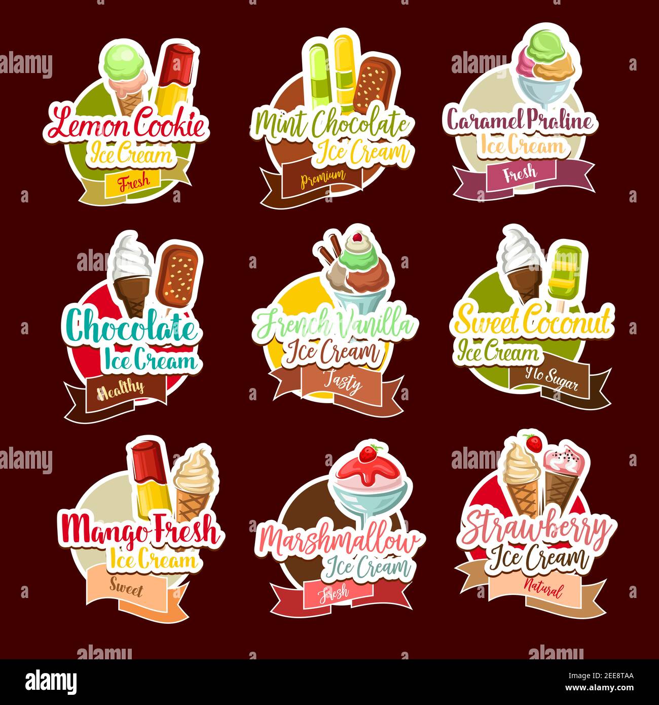 Ice cream stickers for dessert shop. Vector frozen ice cream sorts and ...
