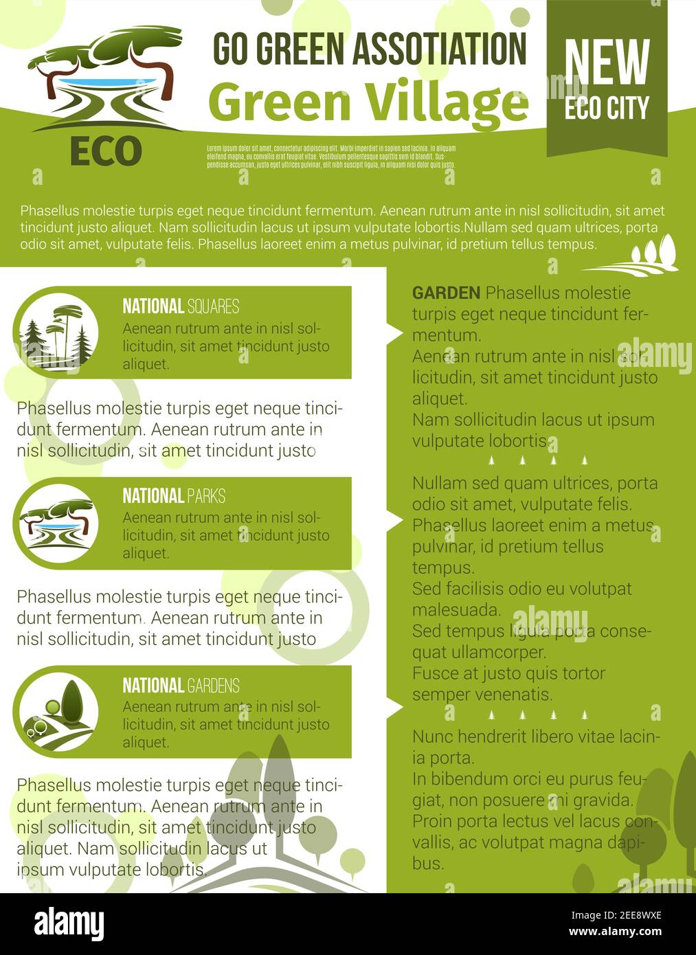 Green village and eco gardening vector poster for urban horticulture ...