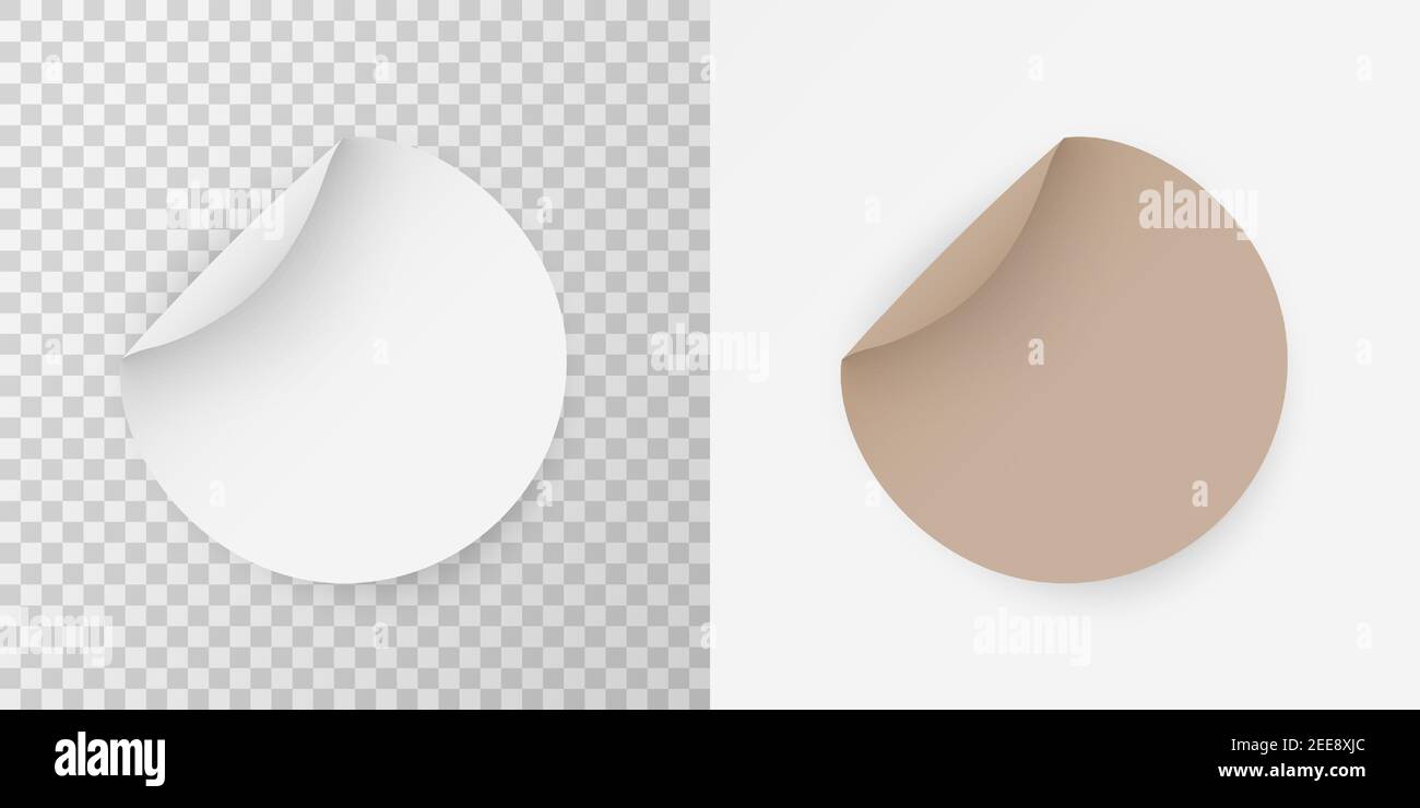 Adhesive round stickers with a folded edges. Vector white and cardboard ...