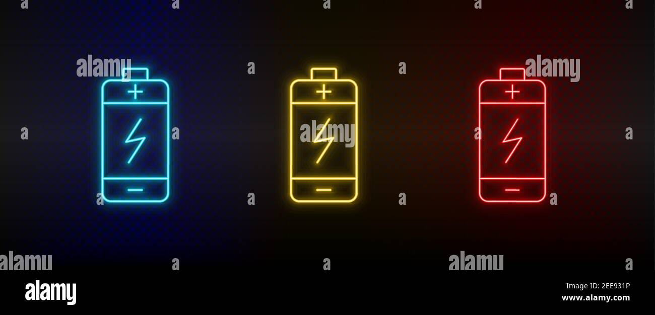 Neon icon set battery. Set of red, blue, yellow neon vector icon Stock ...