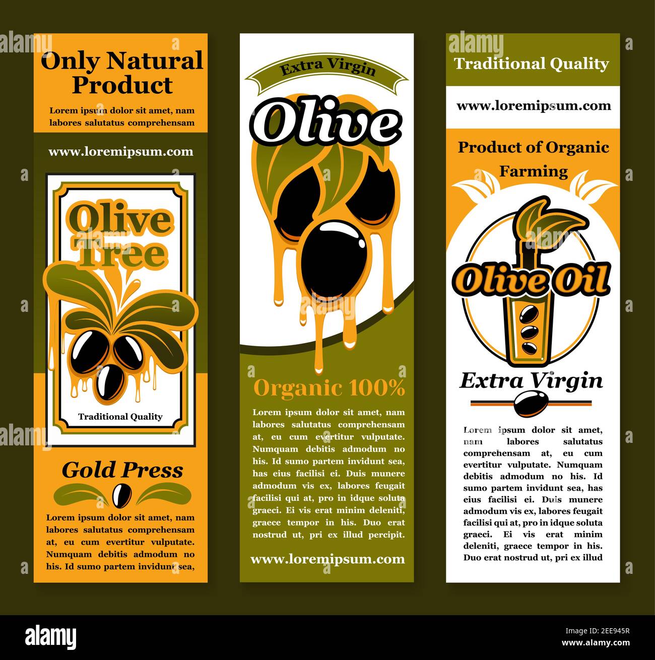 Olive oil product banners set with vector symbols of fresh black olives ...
