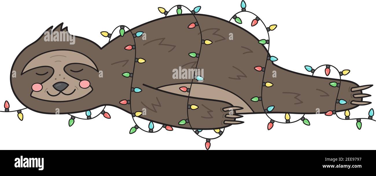 Christmas sloth vector illustration. Cute hand drawn sloth lying ...