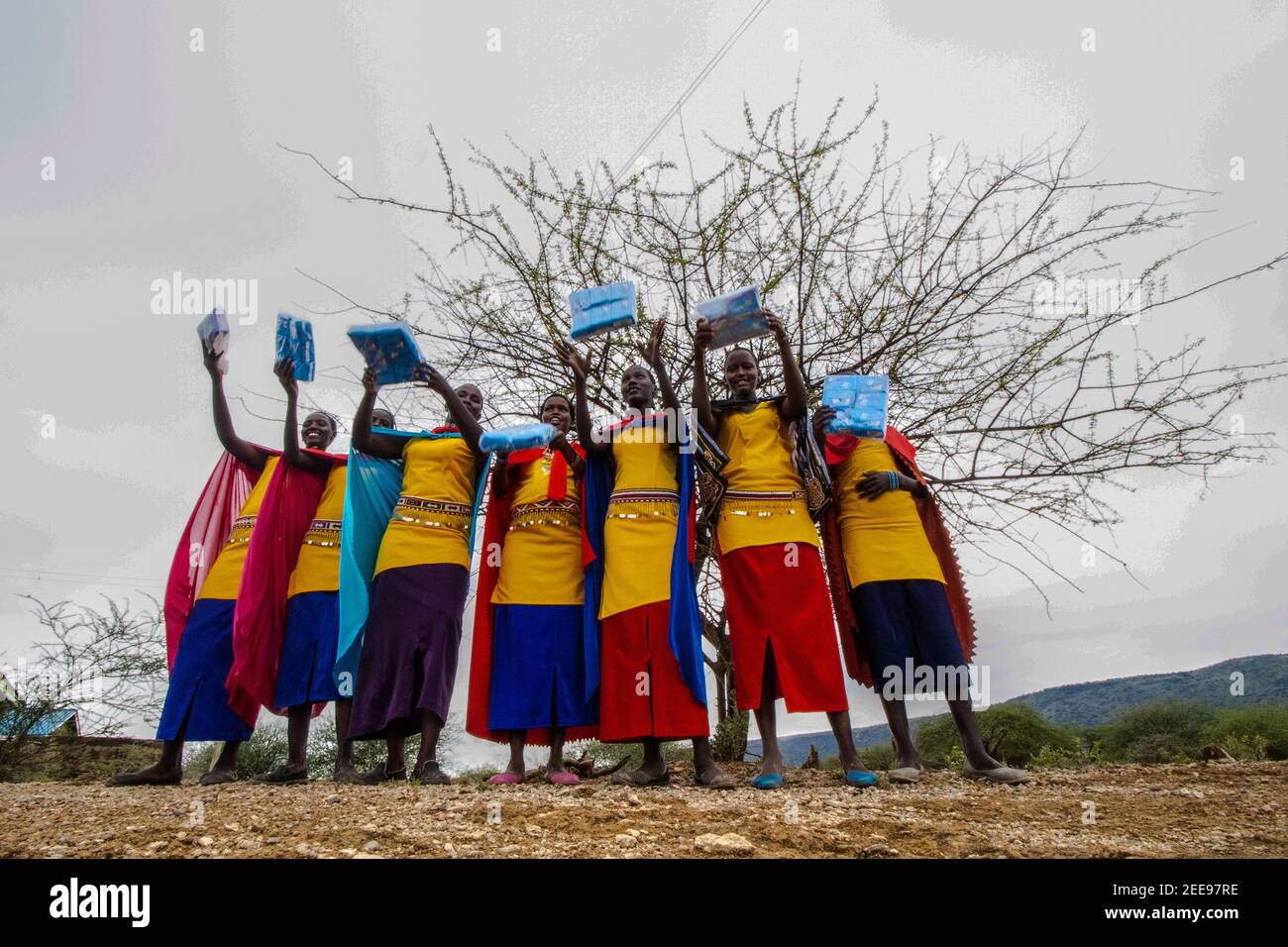 Nairobi Kenya 14th Feb 2021 Maasai Women Are Seen Carrying Their Packs Of Sanitary Towels nairobi-kenya-14th-feb-2021-maasai-women-are-seen-carrying-their-packs-of-sanitary-towels