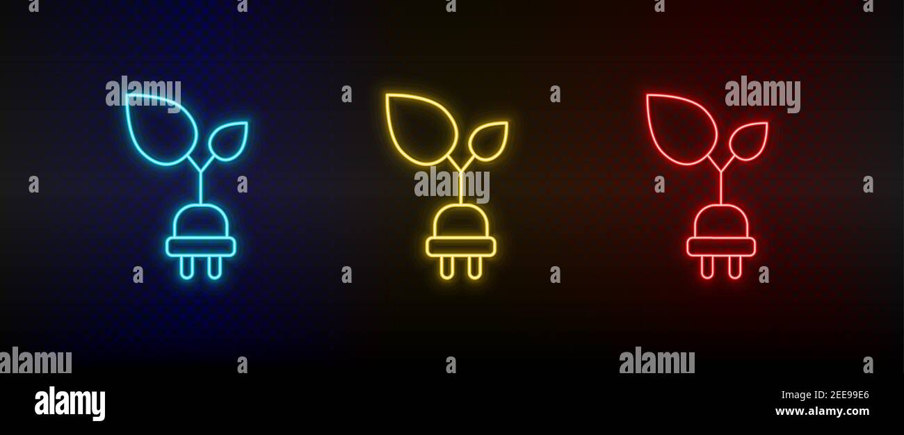 Neon icon set ecology and environment. Set of red, blue, yellow neon ...