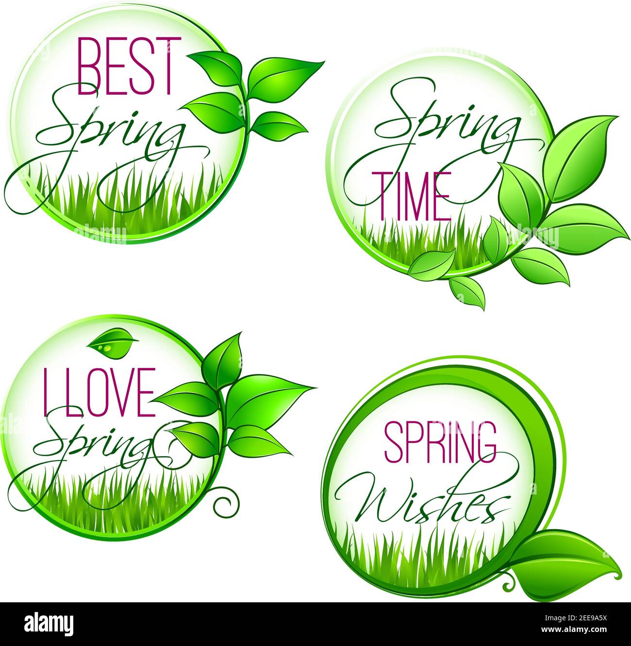 Welcome Spring quotes design on isolated springtime green icons. Floral ...