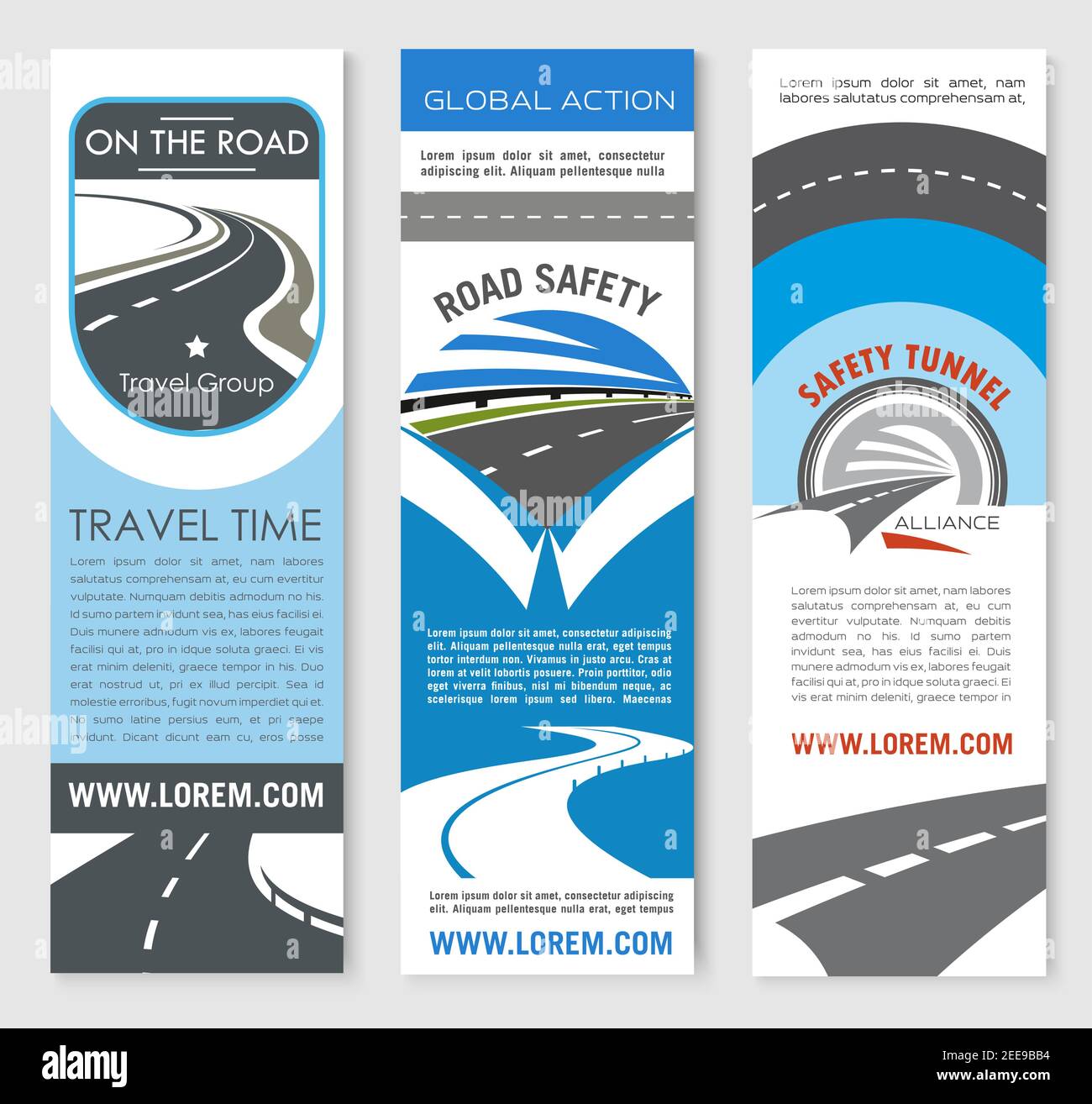 Road highway banner template set. Asphalt highway, road tunnel and ...