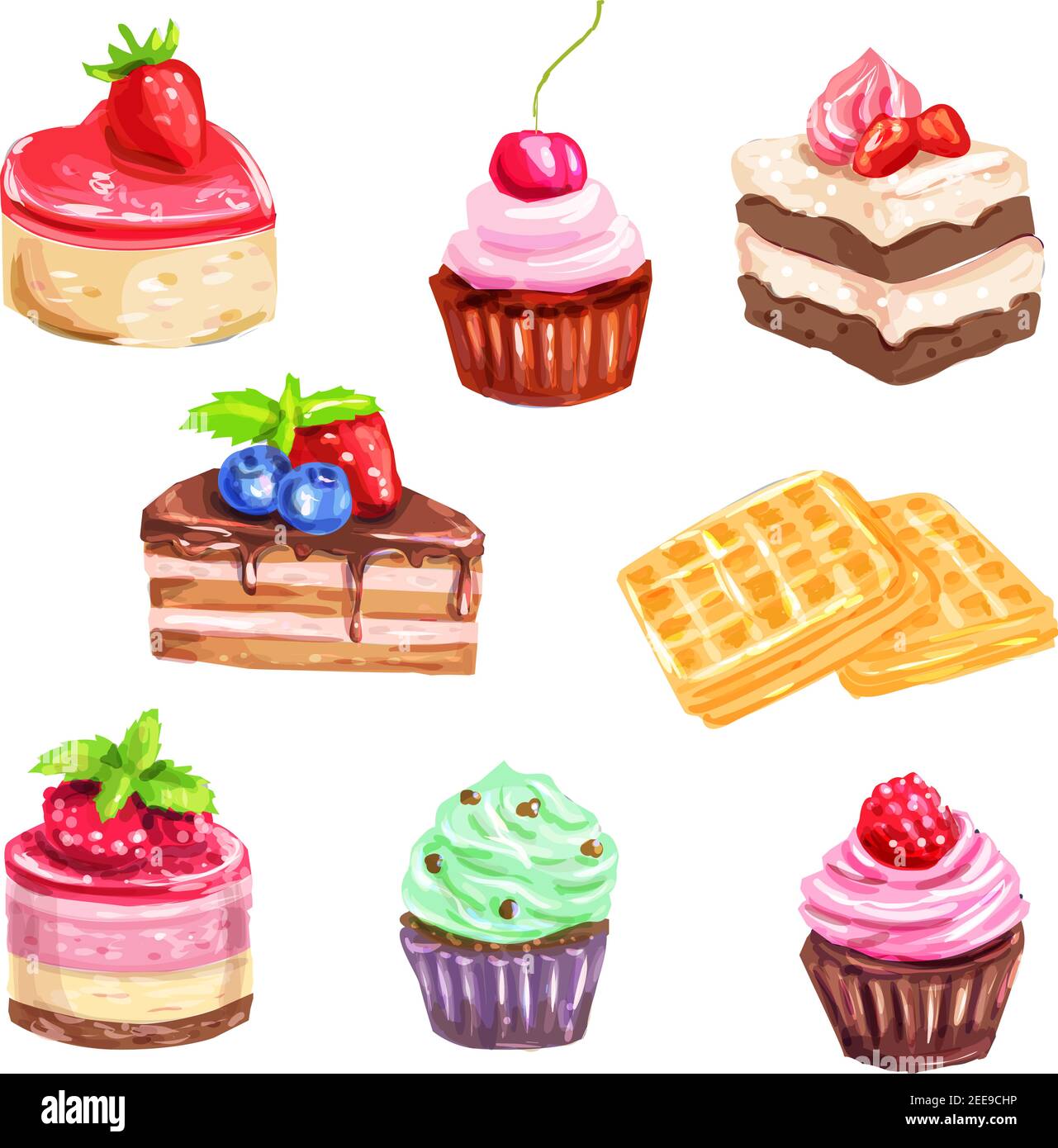 Cake And Pastry Dessert Set Of Watercolor Chocolate Cake Cupcake