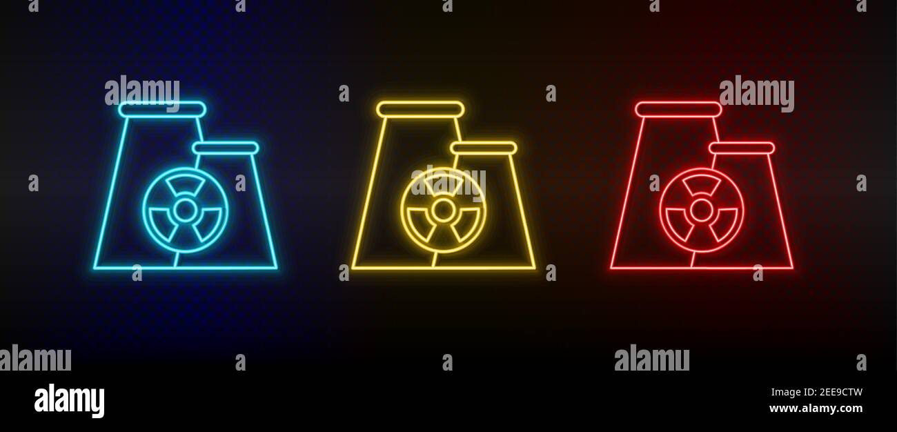 Neon icon set nuclear, plant. Set of red, blue, yellow neon vector icon ...