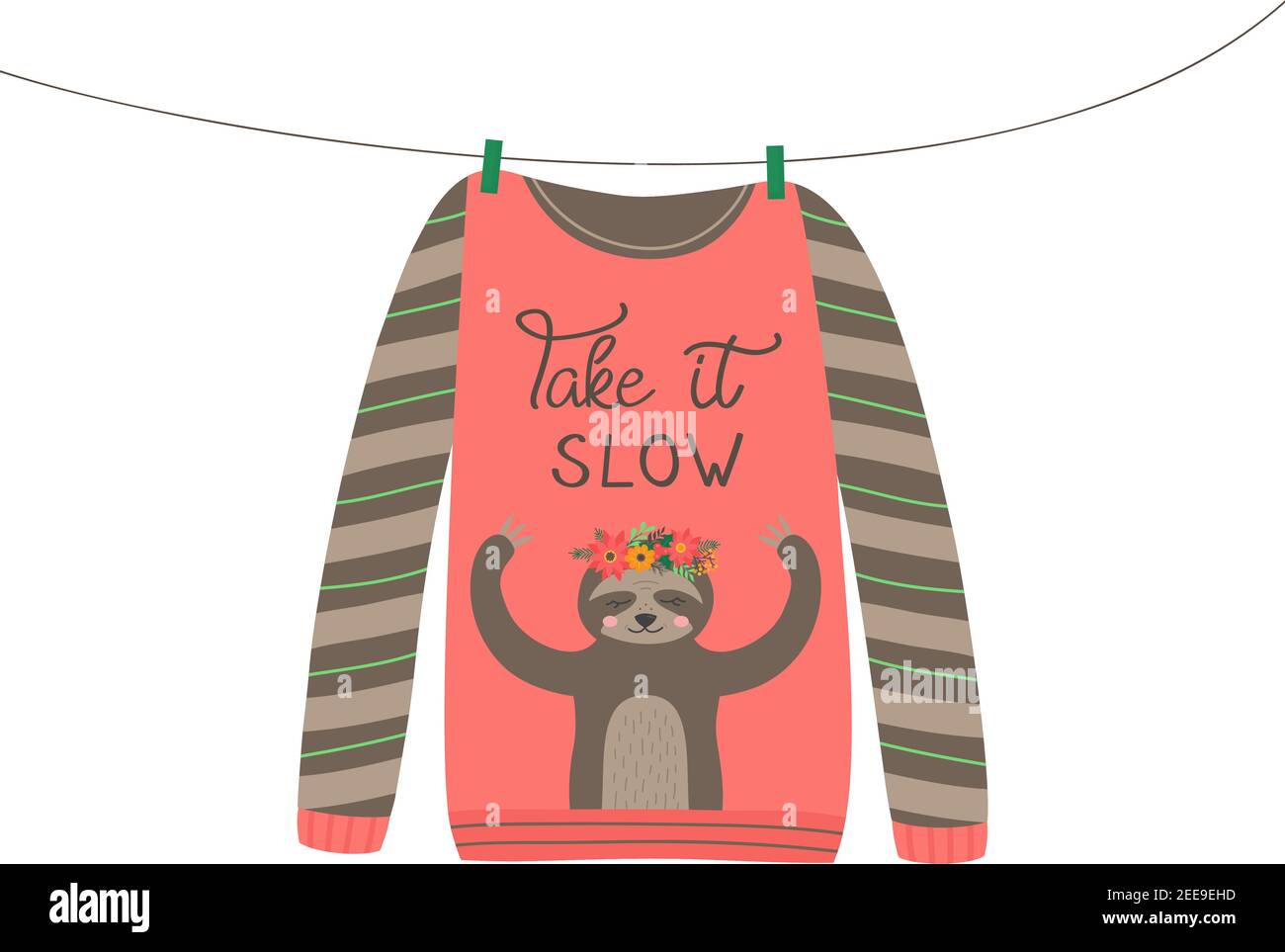 Christmas cute sloth sweater vector hand drawing Stock Vector Image ...