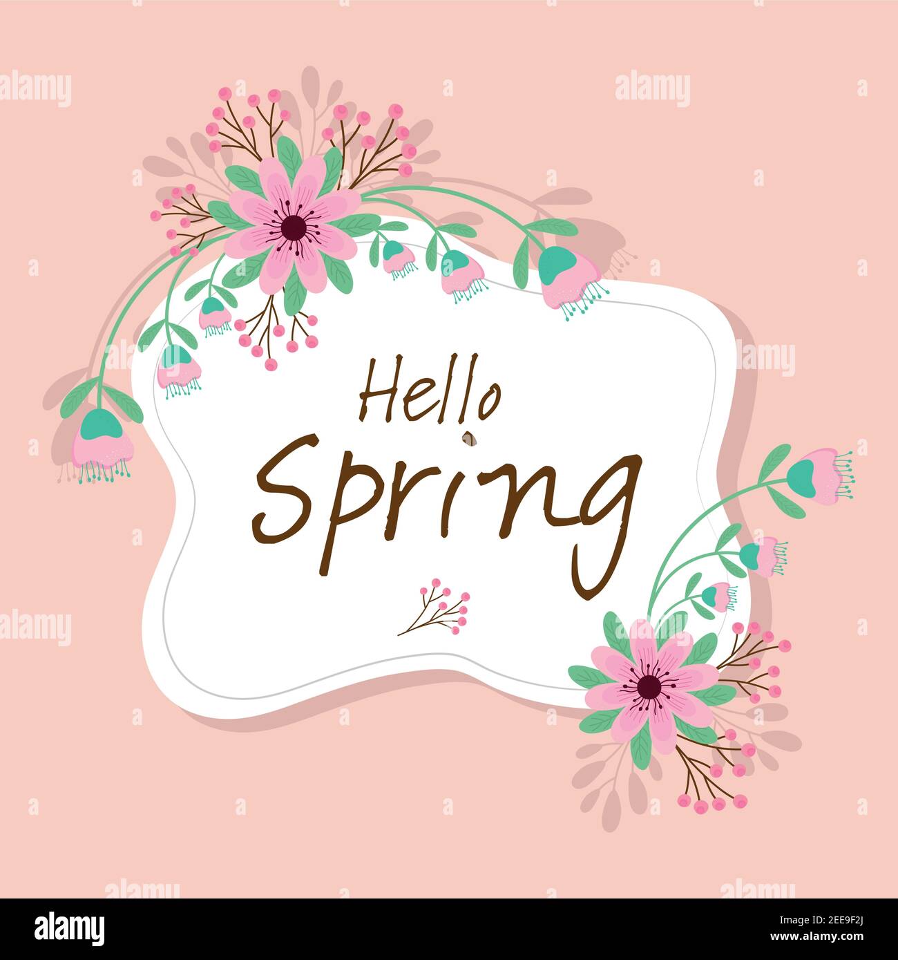 hello spring lettering seasonal card with pink flowers garden frame ...