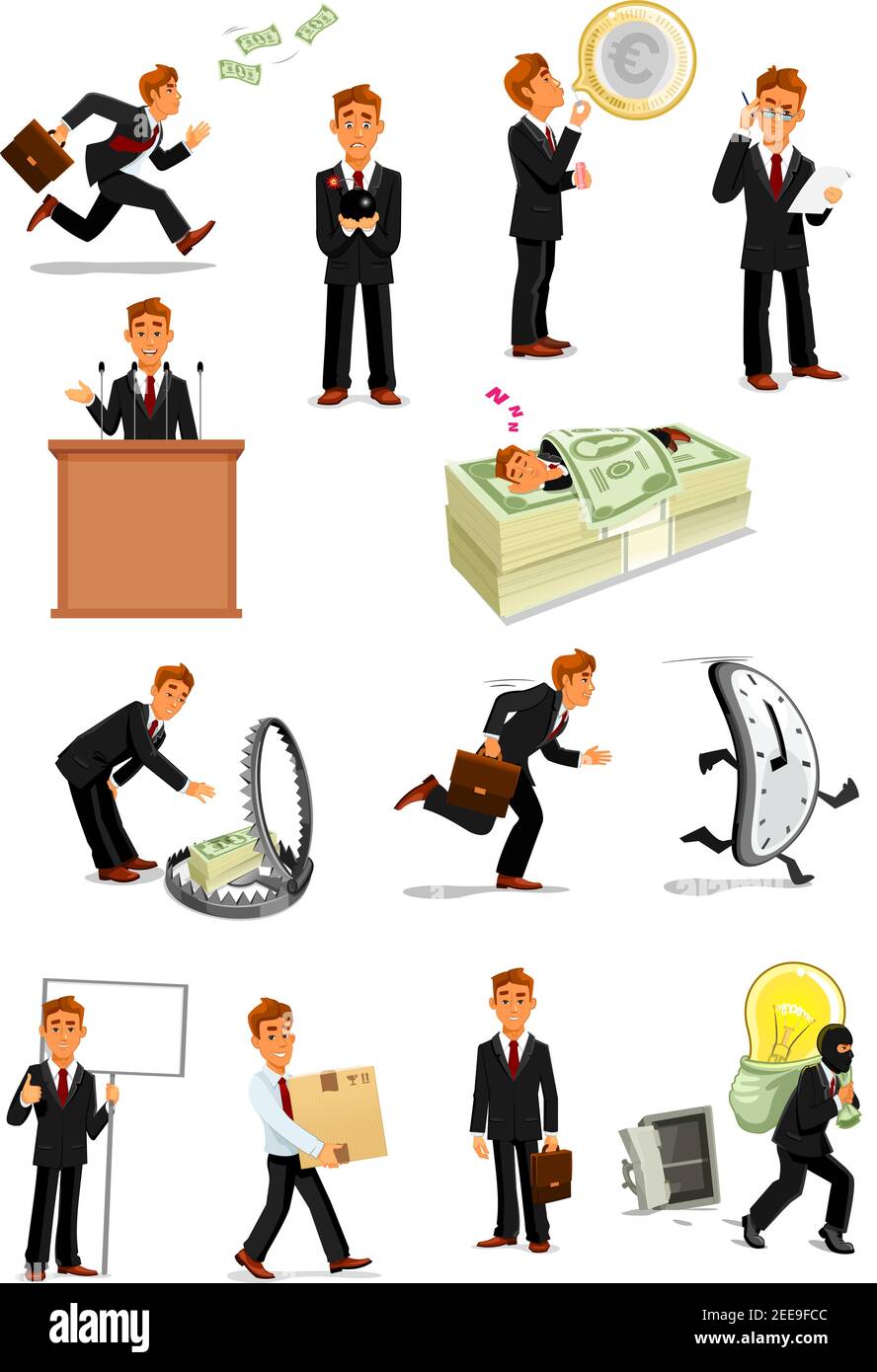 Businessman cartoon character set. Manager with money, euro currency ...